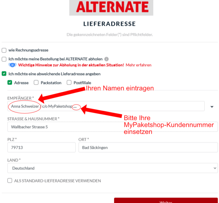 Lieferadresse Alternate eintragen » MyPaketshop