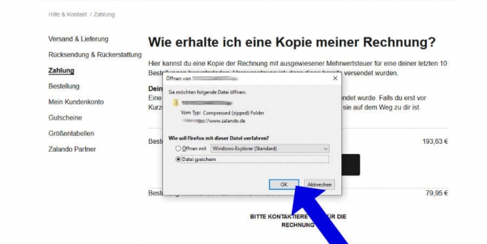 Rechnung einer Bestellung auf Zalando finden MyPaketshop