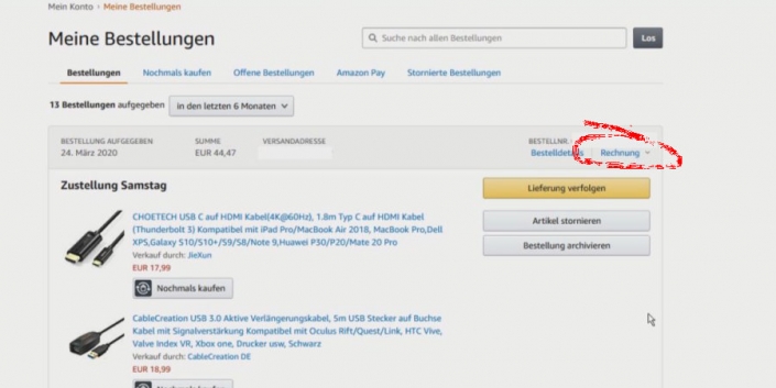Rechnung einer Bestellung bei Amazon aufrufen » MyPaketshop