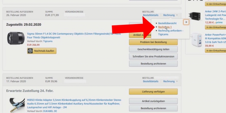 Rechnung einer Bestellung bei Amazon aufrufen » MyPaketshop